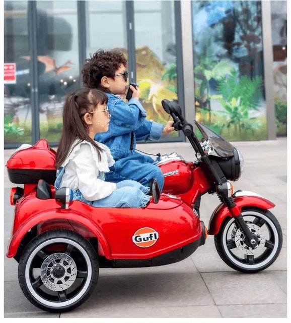PATOYS | Large Size 3 Wheel Battery operated Motorcycle with sidecar for two kids Duo Tron bike ...